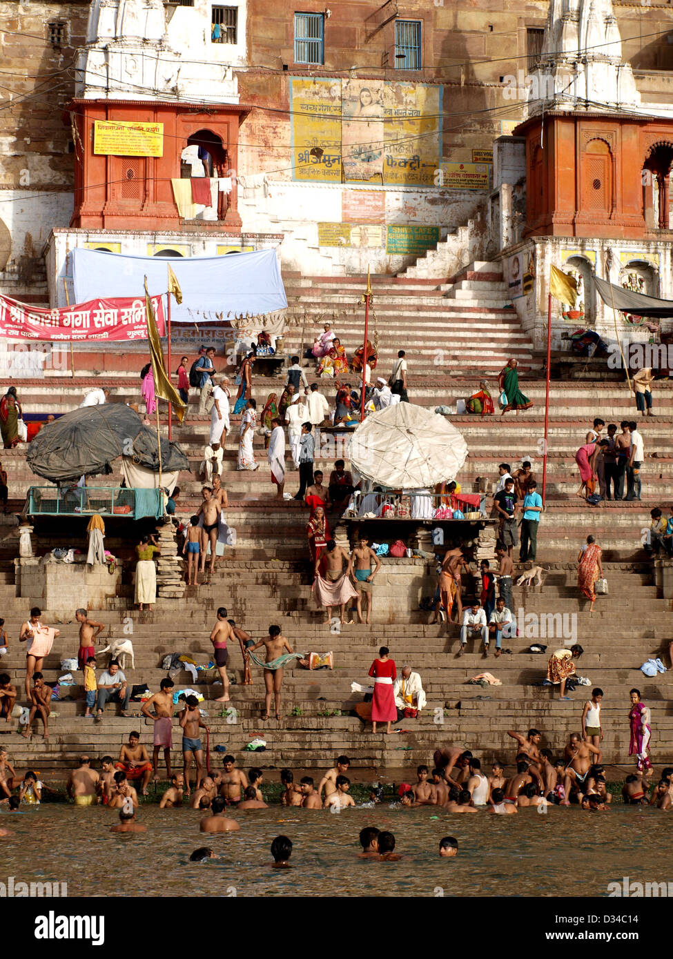 Indian Hindus on ghats at Varanasi, India, during morning puja Stock ...