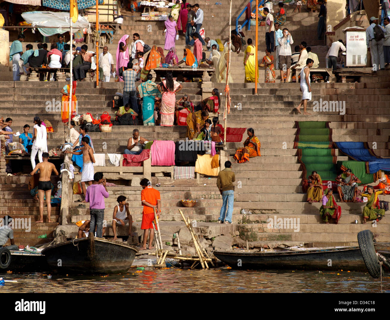 Indian Hindus on ghats at Varanasi, India, during morning puja Stock ...