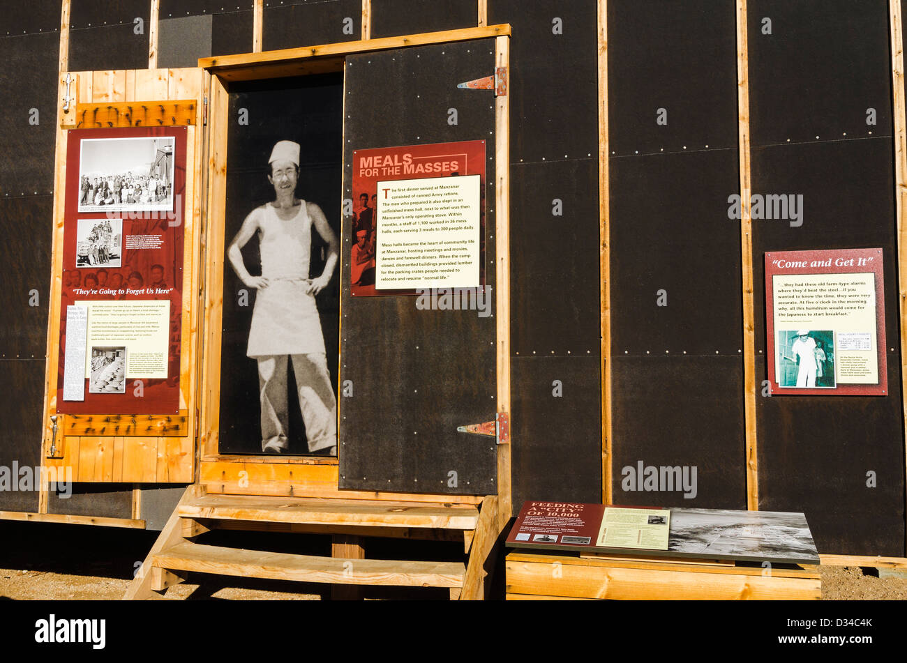 Mess hall and interpretive signs at Manzanar National Historic Site ...