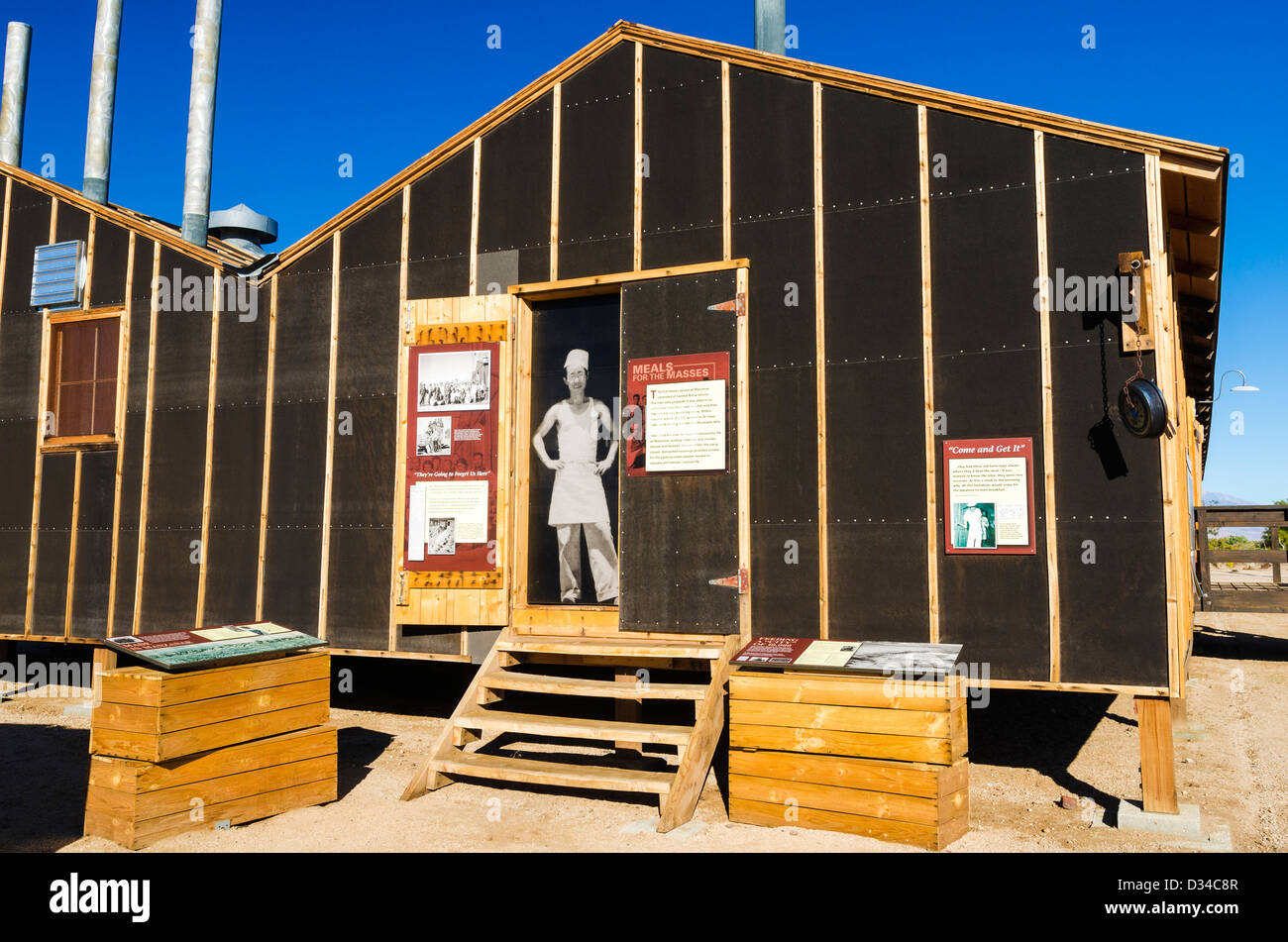 Mess hall and interpretive signs at Manzanar National Historic Site ...
