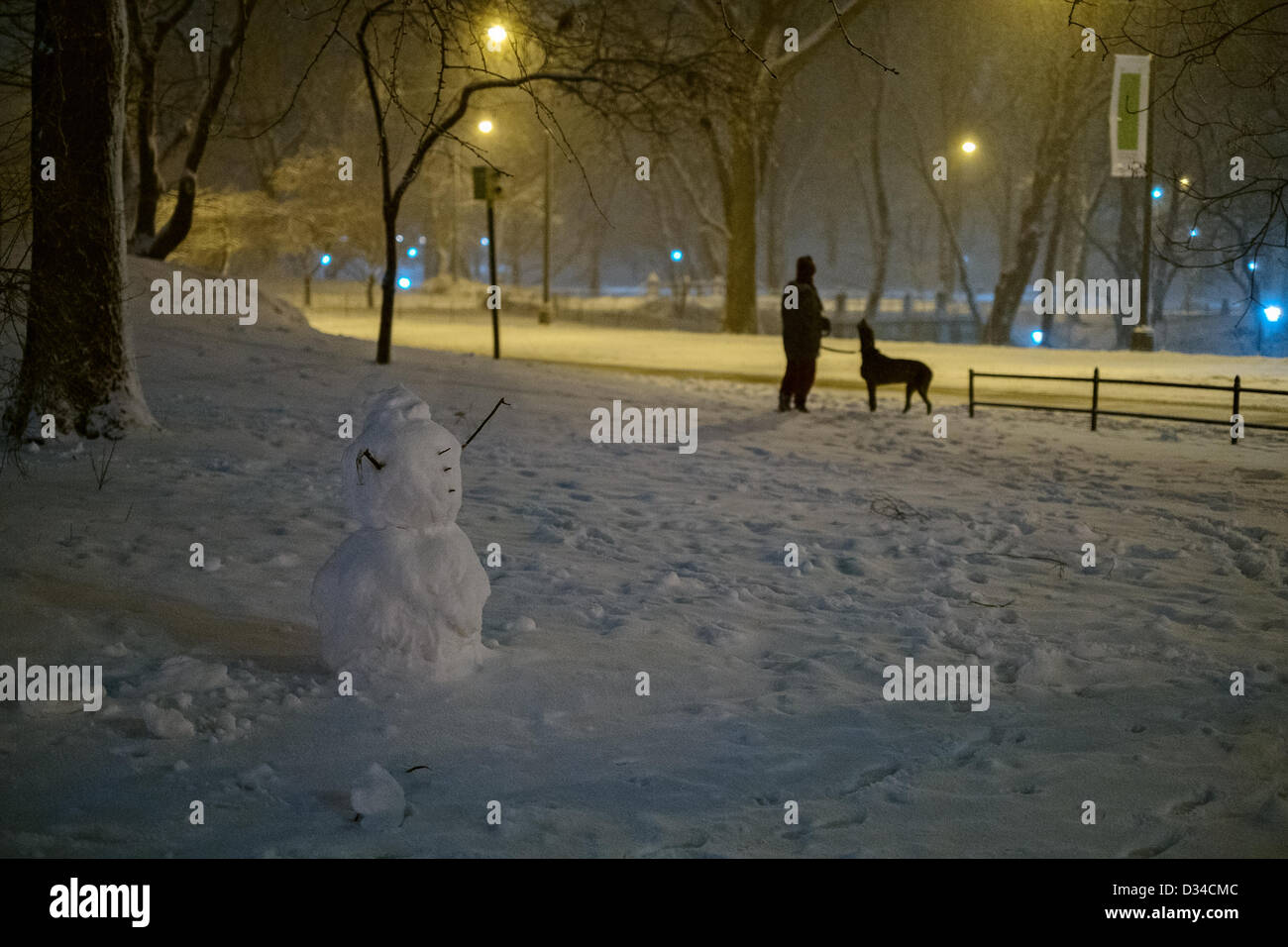 New York, USA. 8th February 2013. A snowman stands in Central Park as ...