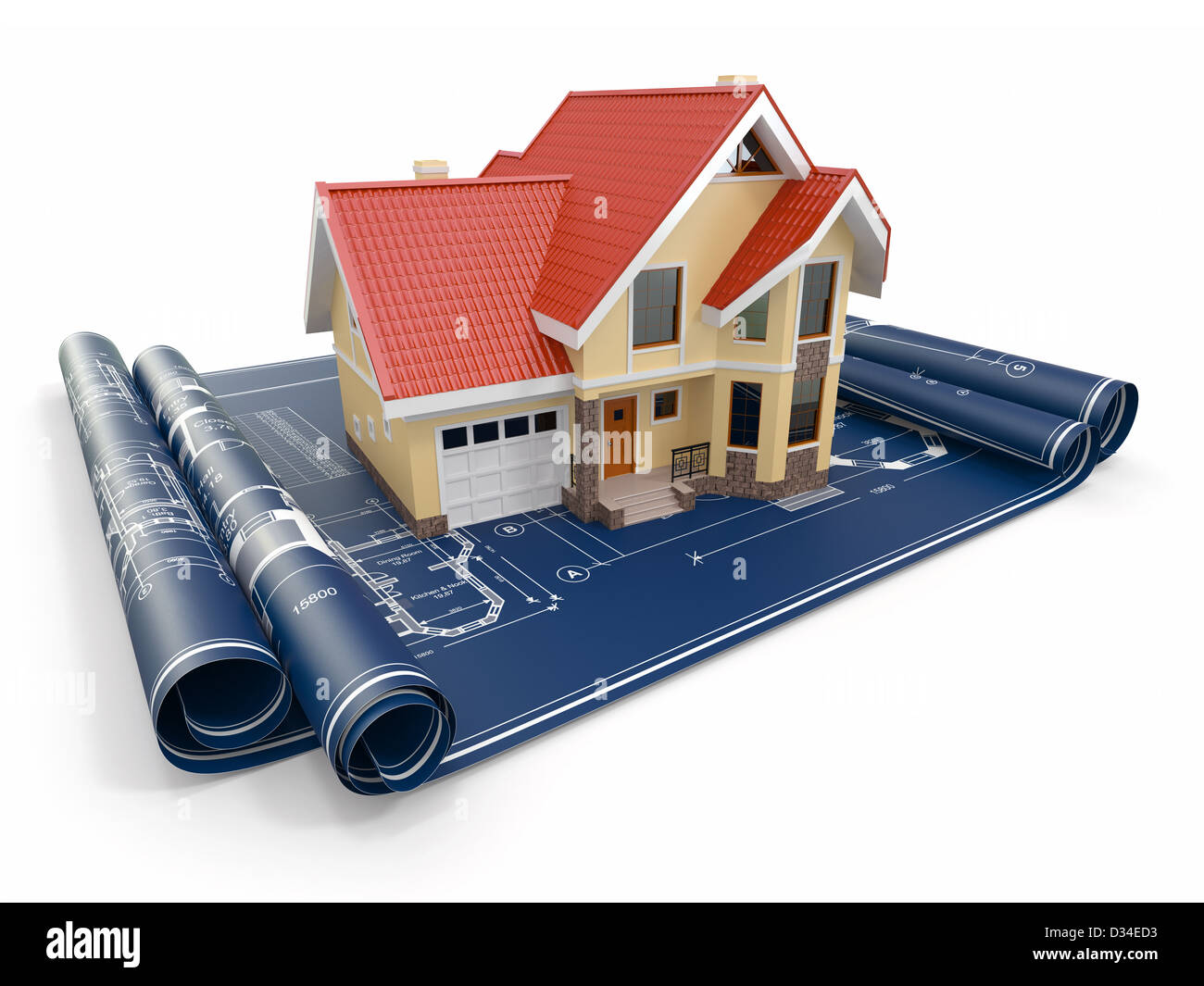 Residential house on architect blueprints. Housing project. 3d Stock ...