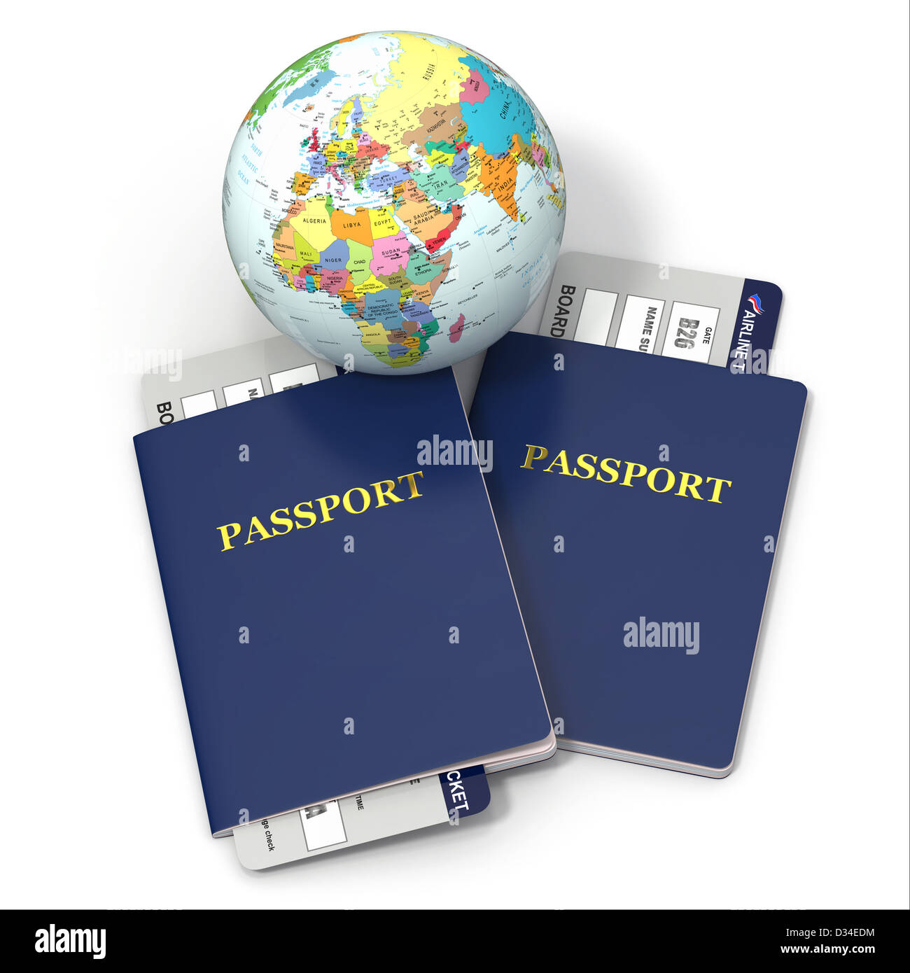 World travel. Earth, airline tickets and passport on white background ...
