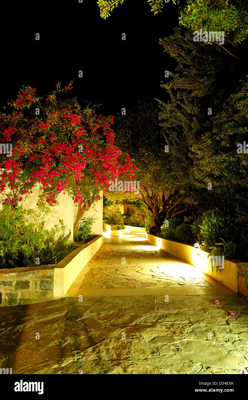 Illuminated path at luxury hotel, Crete, Greece Stock Photo - Alamy