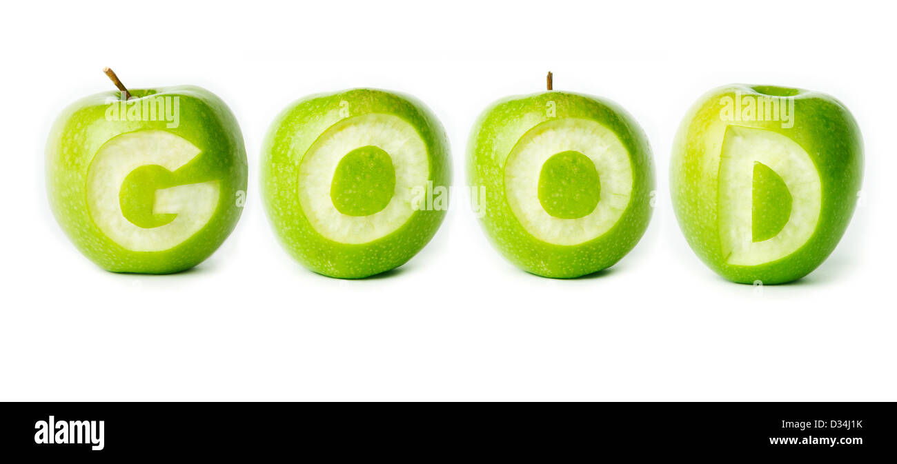 Word "good" made of green apples on white background. Part of the set ...