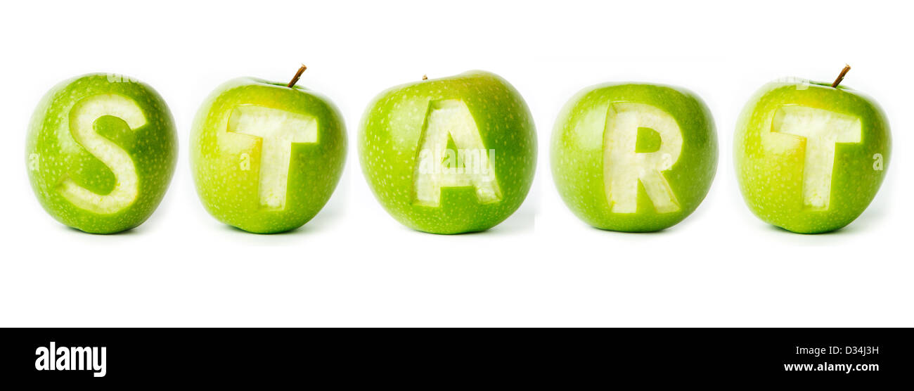 Word "start" made of green apples on white background. Part of the set ...