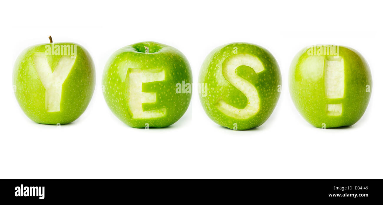 Word "yes" made of green apples on white background. Part of the set ...