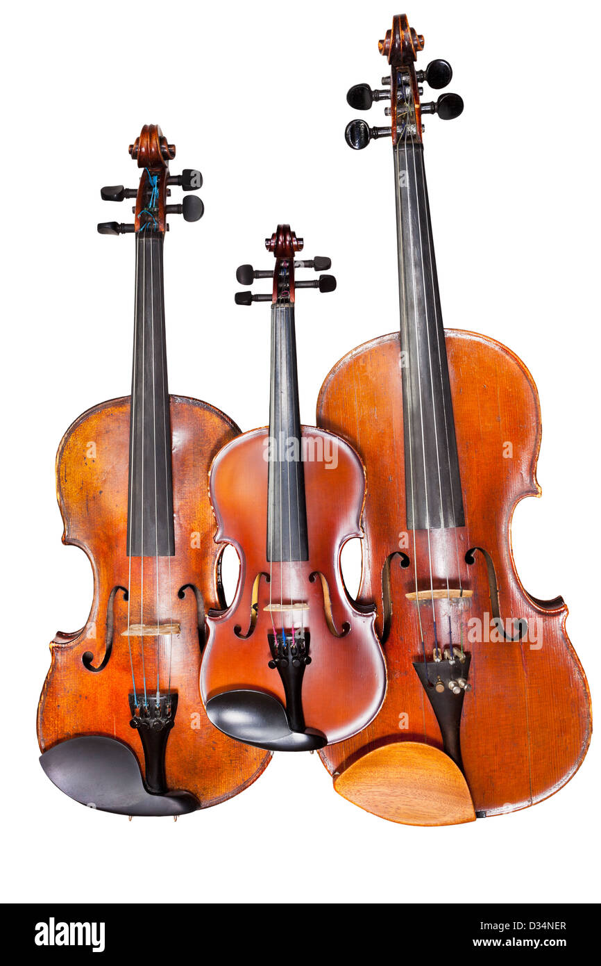 three sizes of violins isolated on white background close up Stock ...