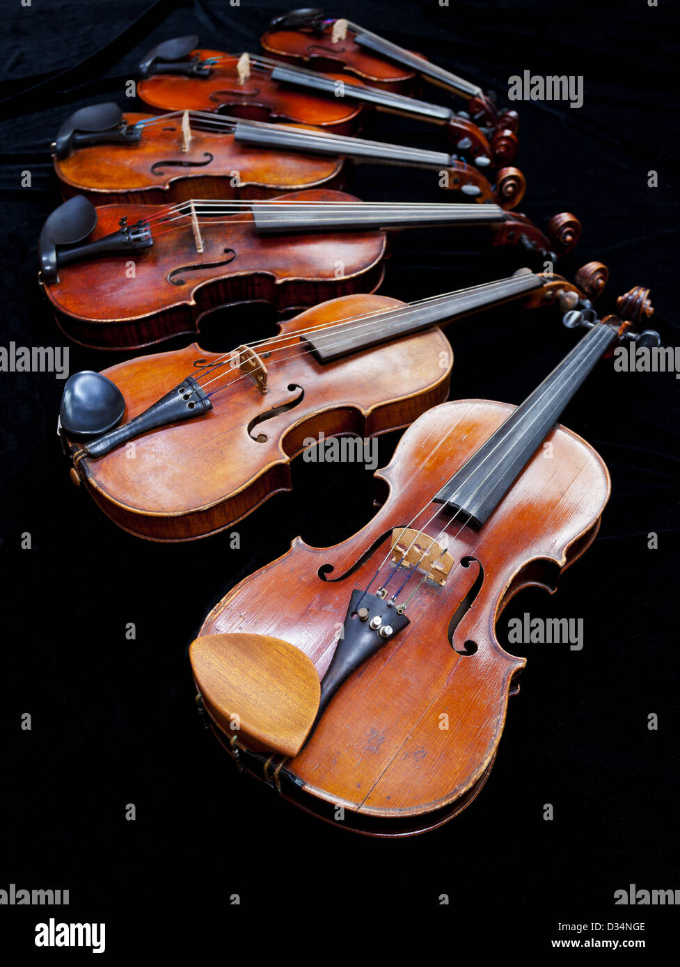 six violins with black background close up Stock Photo - Alamy