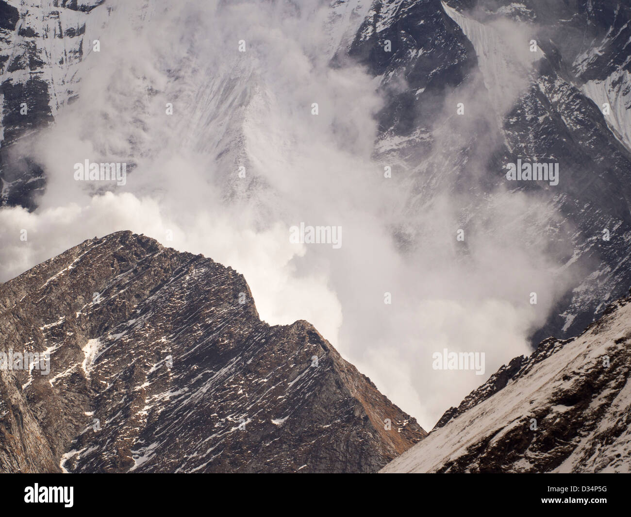 An avalanche on Machapuchare or Fishtail Peak in the Annapurna Himalaya ...