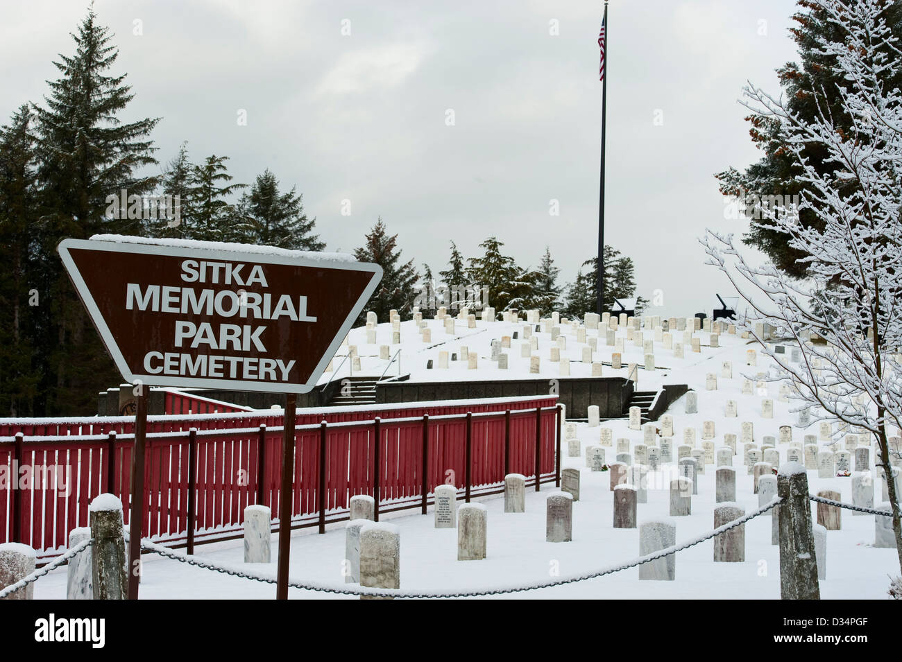 Sign and grave stones in the Sitka National Cemetery in Sitka, Alaska ...