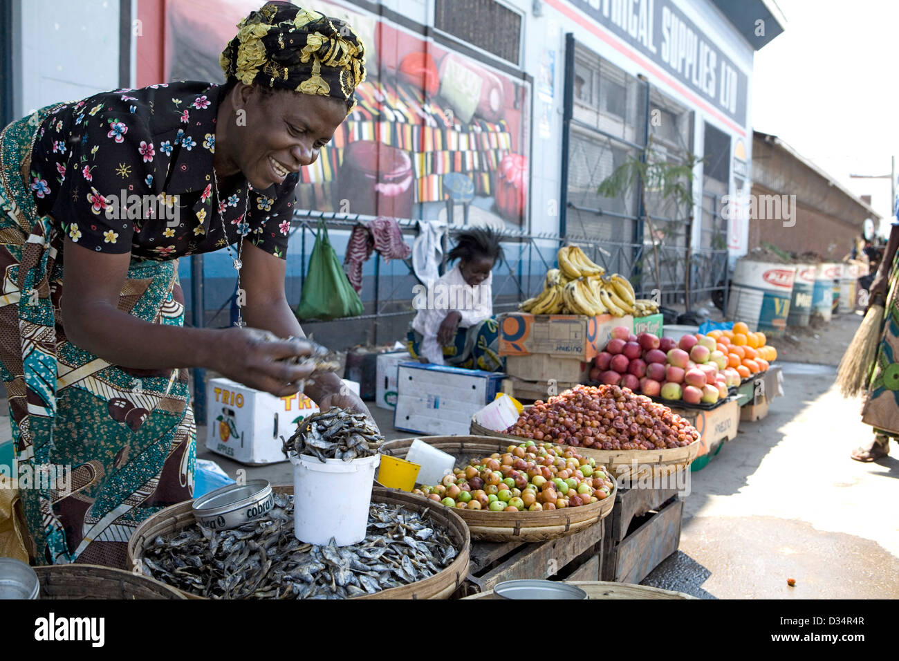 A woman packing dried fish in a small container ready to sell in Lusaka ...