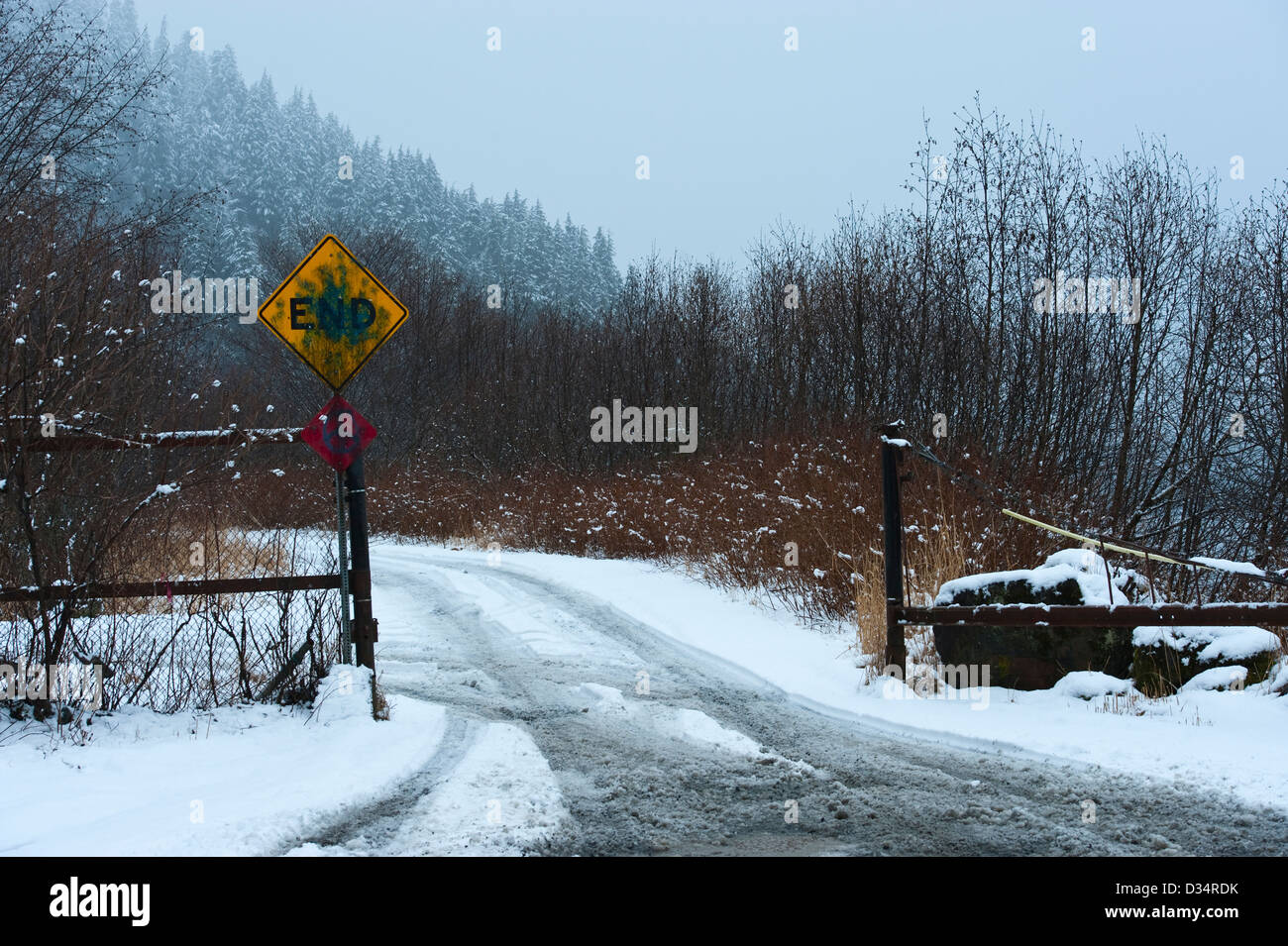 End of public access road, gate and dead end sign near Sitka, Alaska ...