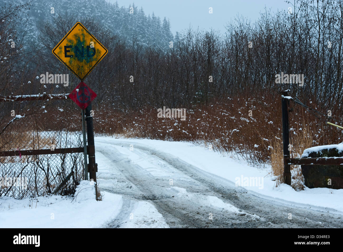 End of public access road, gate and dead end sign near Sitka, Alaska ...