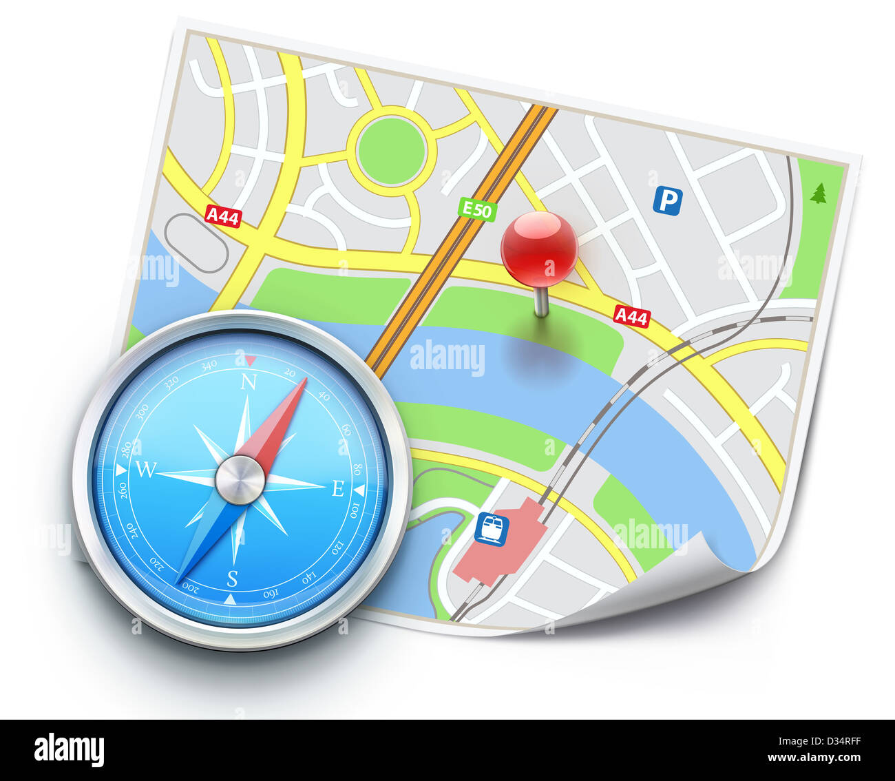 navigation concept with detailed blue compass and city map Stock Photo ...