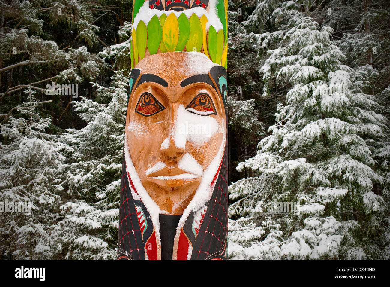 Winter scenic of totem pole in the Sitka National Historical Park ...
