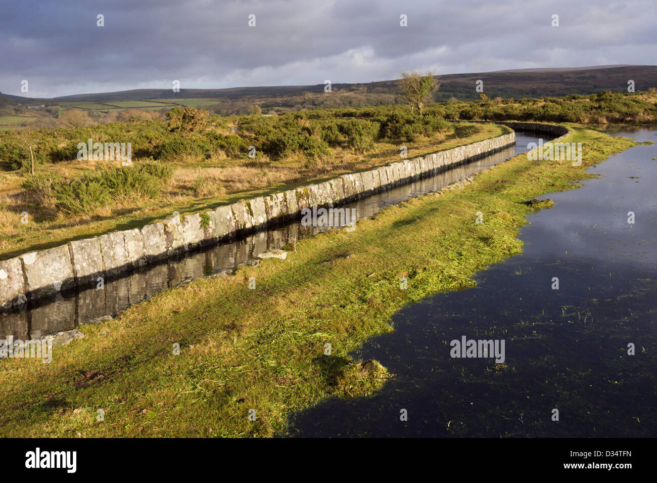 Flooded leat and waterlogged ground on Dartmoor after prolonged rain ...