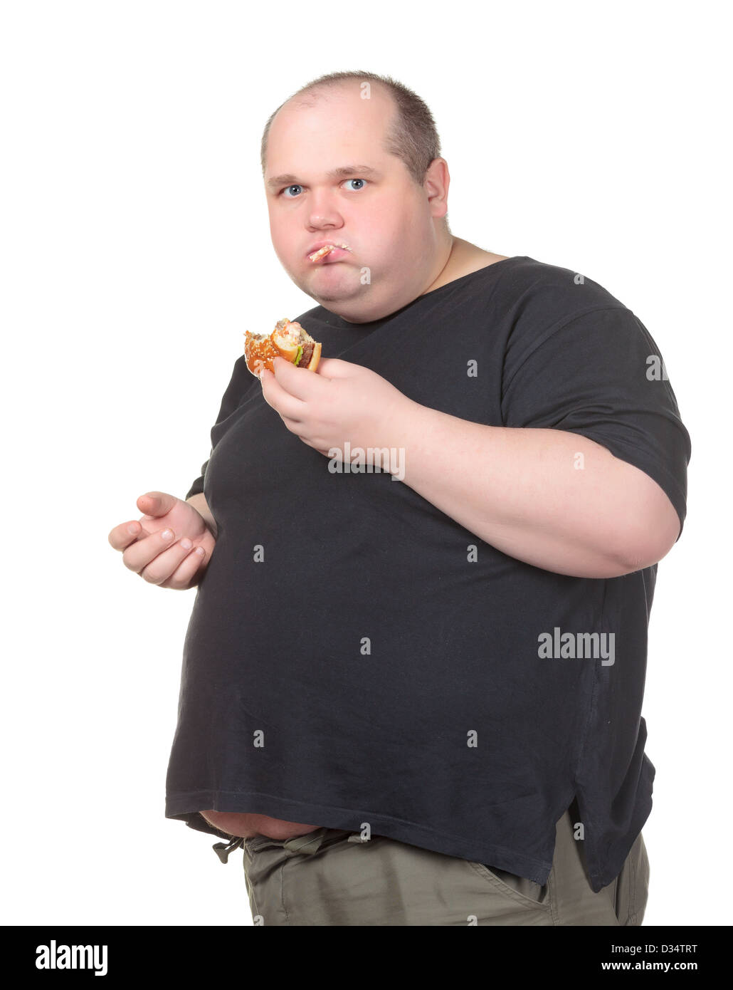 Fat Man Greedily Eating Hamburger, on white background Stock Photo - Alamy