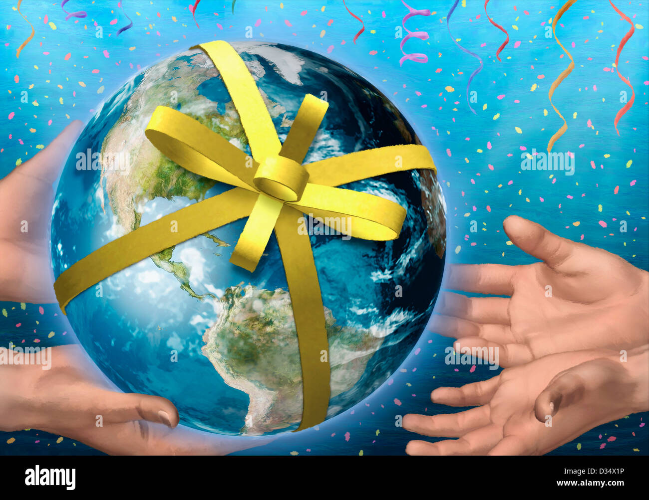 Illustration of earth wrapped in yellow bow being passed from one pair ...