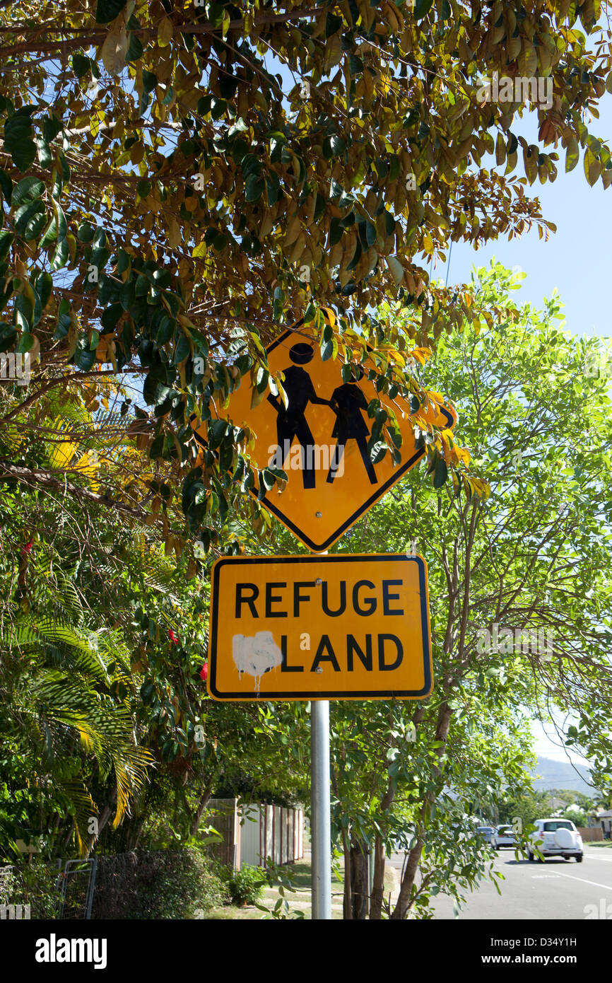 Vandalised sign reading 'Refuge Land', Townsville, Queensland Stock ...