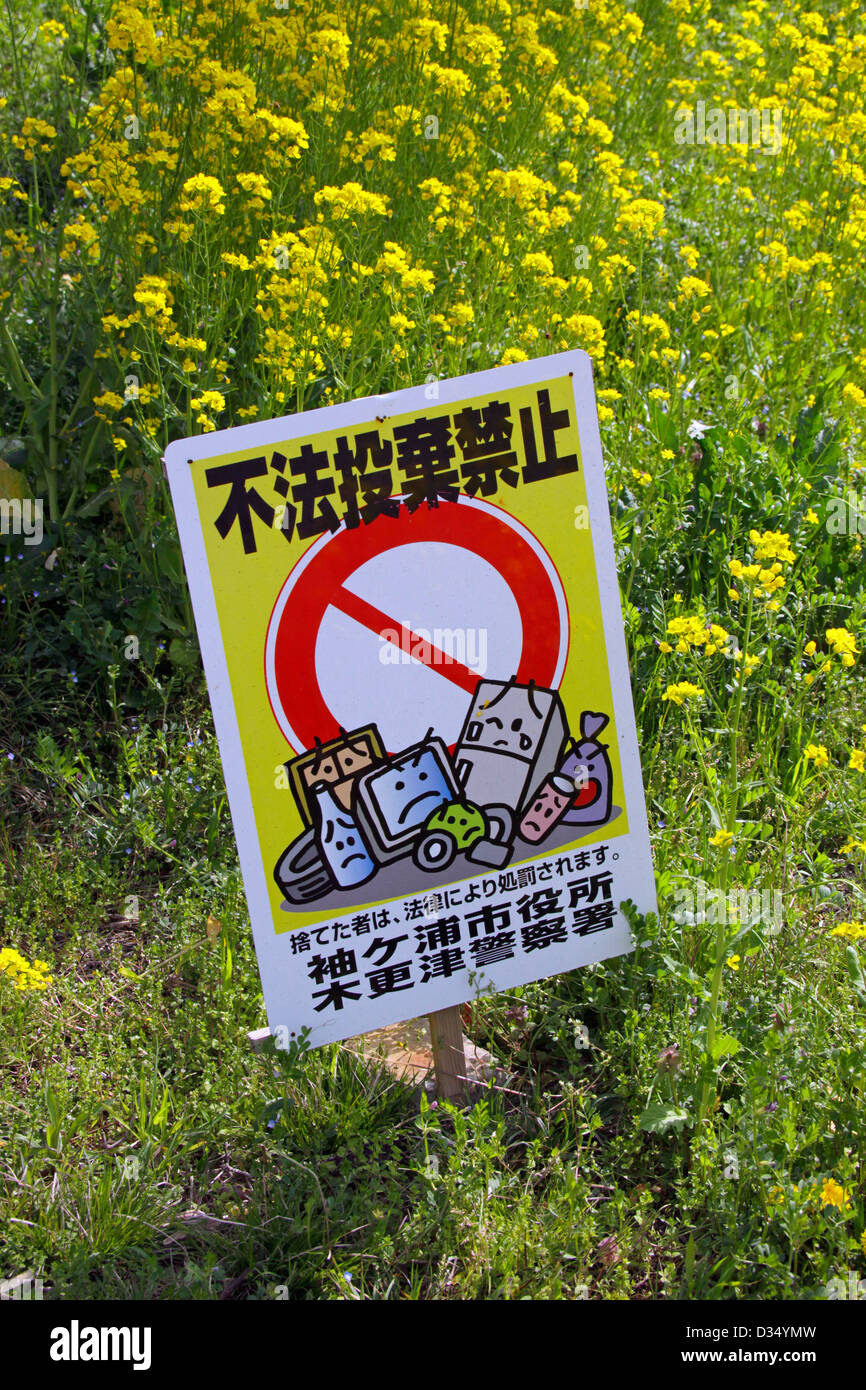 No fly tipping sign in a rape flower field Chiba Japan Stock Photo - Alamy