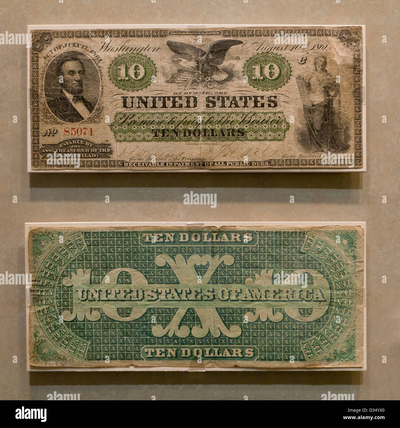 Obverse and reverse view of $10 bill - circa 1861 Stock Photo - Alamy