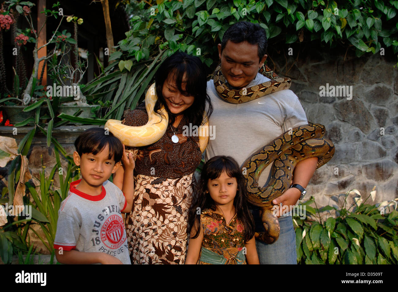 Energi Wira Pratama (8) plays two snakes in the yard in Wates village ...