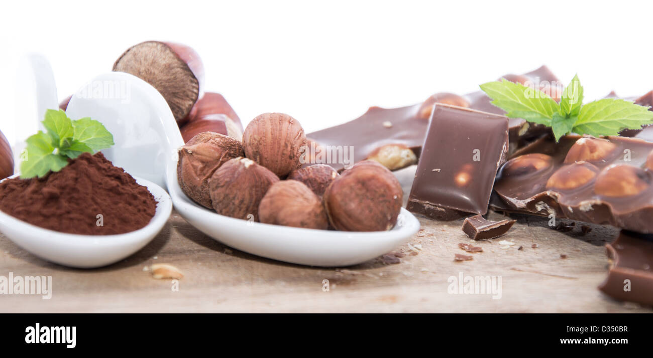 Pieces of dark Hazelnut Chocolate isolated on white background Stock ...
