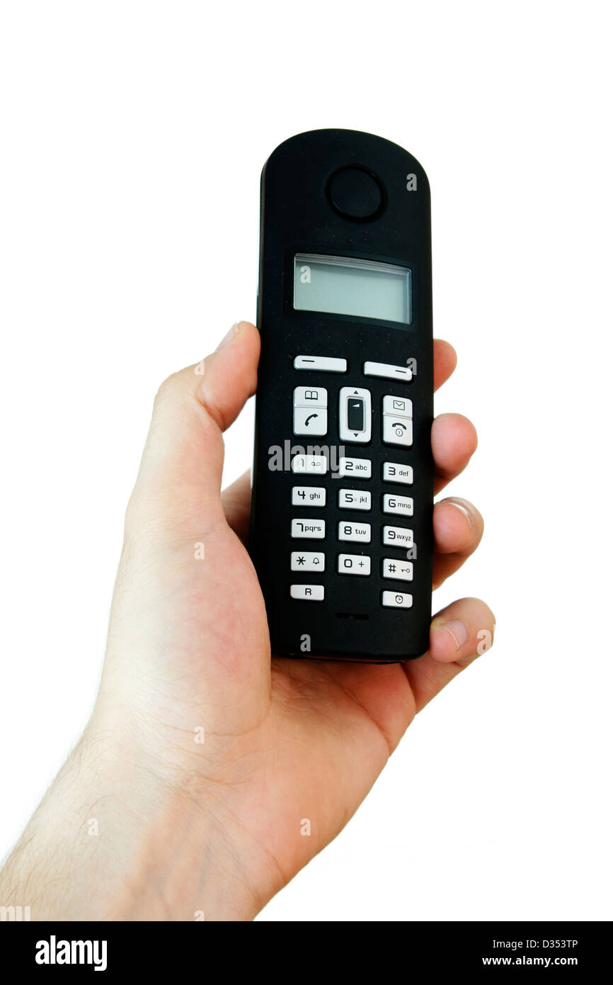 Cell Phone in a man hand. Isolated on white Stock Photo - Alamy