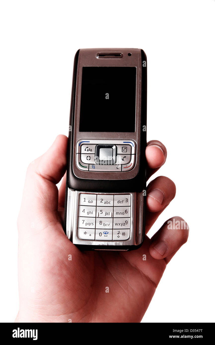 Cell Phone in a man hand. Isolated on white background Stock Photo - Alamy