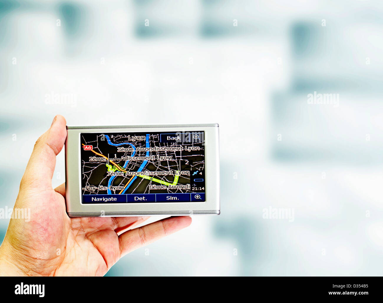 Gps in a man hand. Find your way ! Stock Photo - Alamy