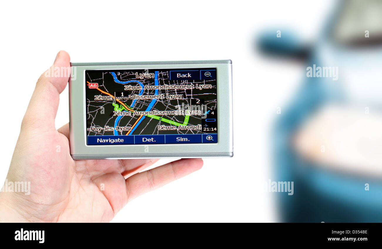 Gps in a man hand. Find your way ! Stock Photo - Alamy