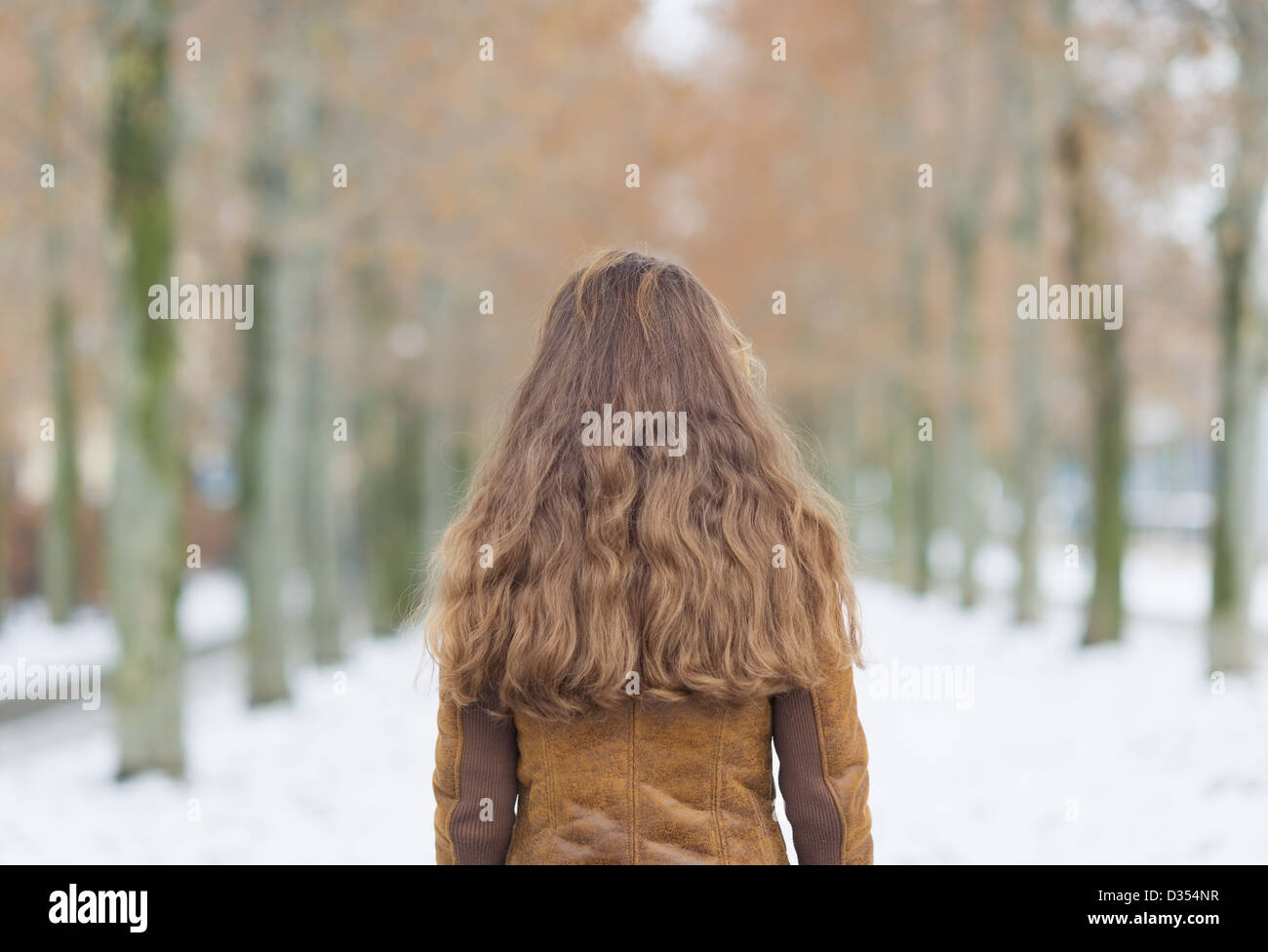 Young woman in winter park. rear view Stock Photo - Alamy