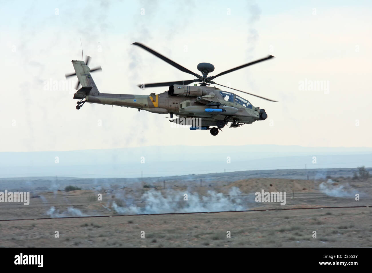 Israeli Air force Apache AH-64A in flight after firing flares Stock ...