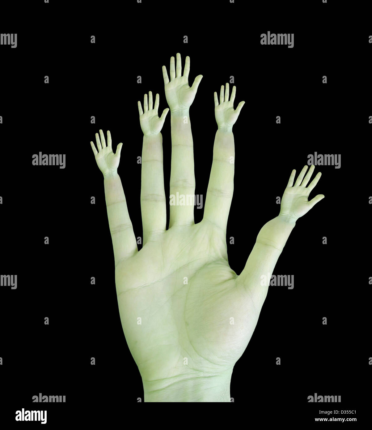 A hand of a men with multiple hands on each finger Stock Photo - Alamy
