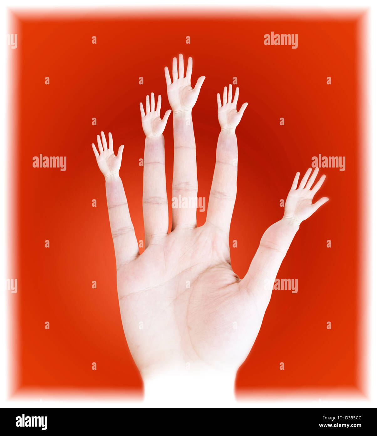A hand of a men with multiple hands on each finger Stock Photo - Alamy