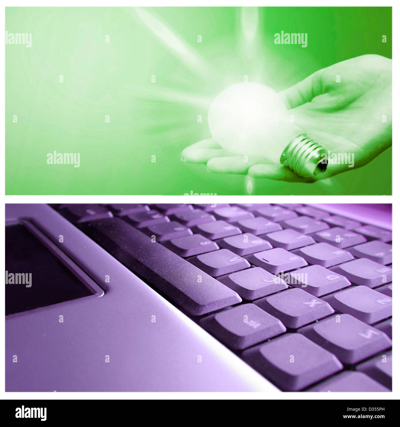 Technology collage: light bulb ,cell phone and keyboard Stock Photo - Alamy