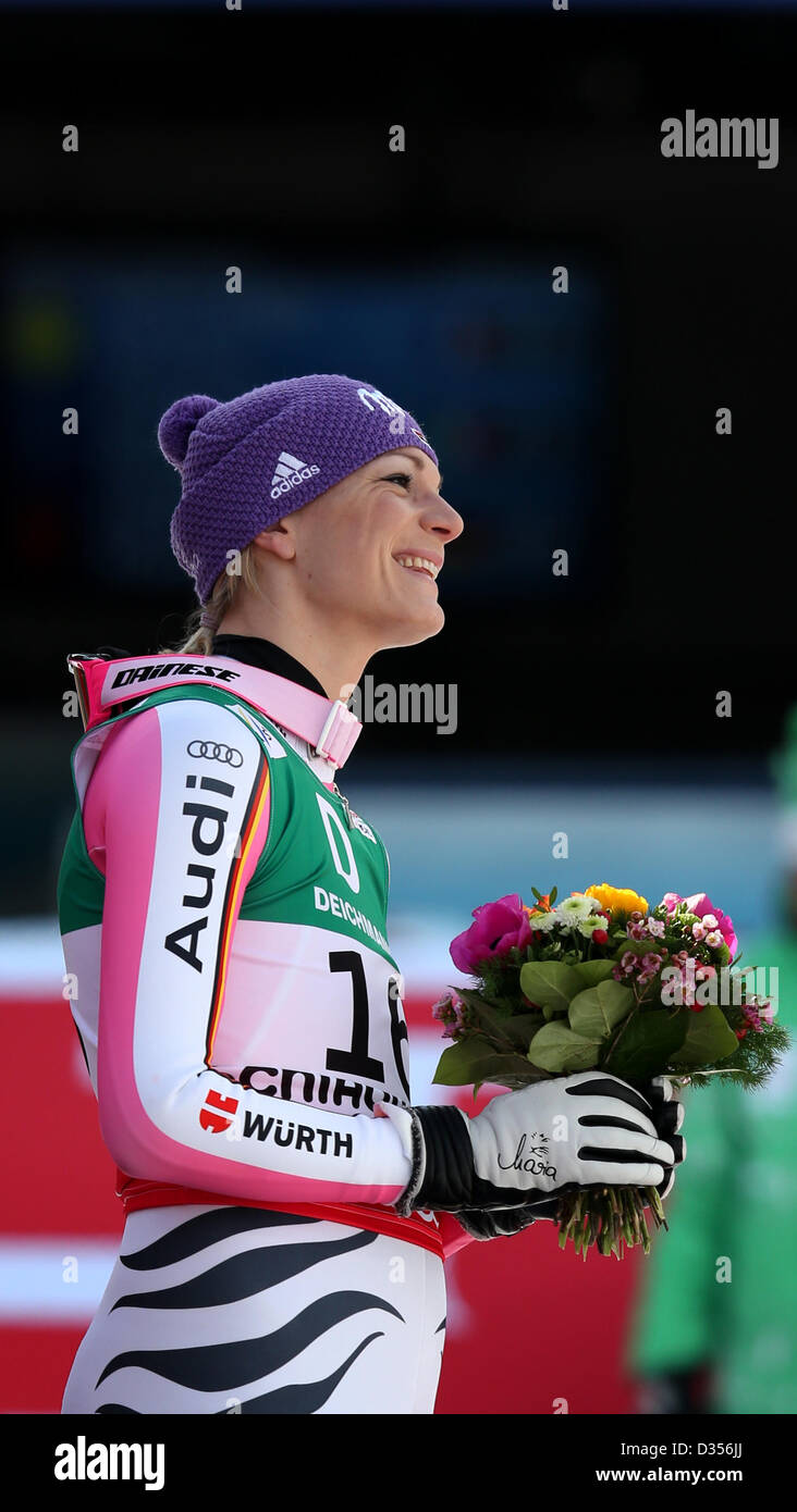 Maria Hoefl-Riesch of Germany celebrates after the women's downhill ...
