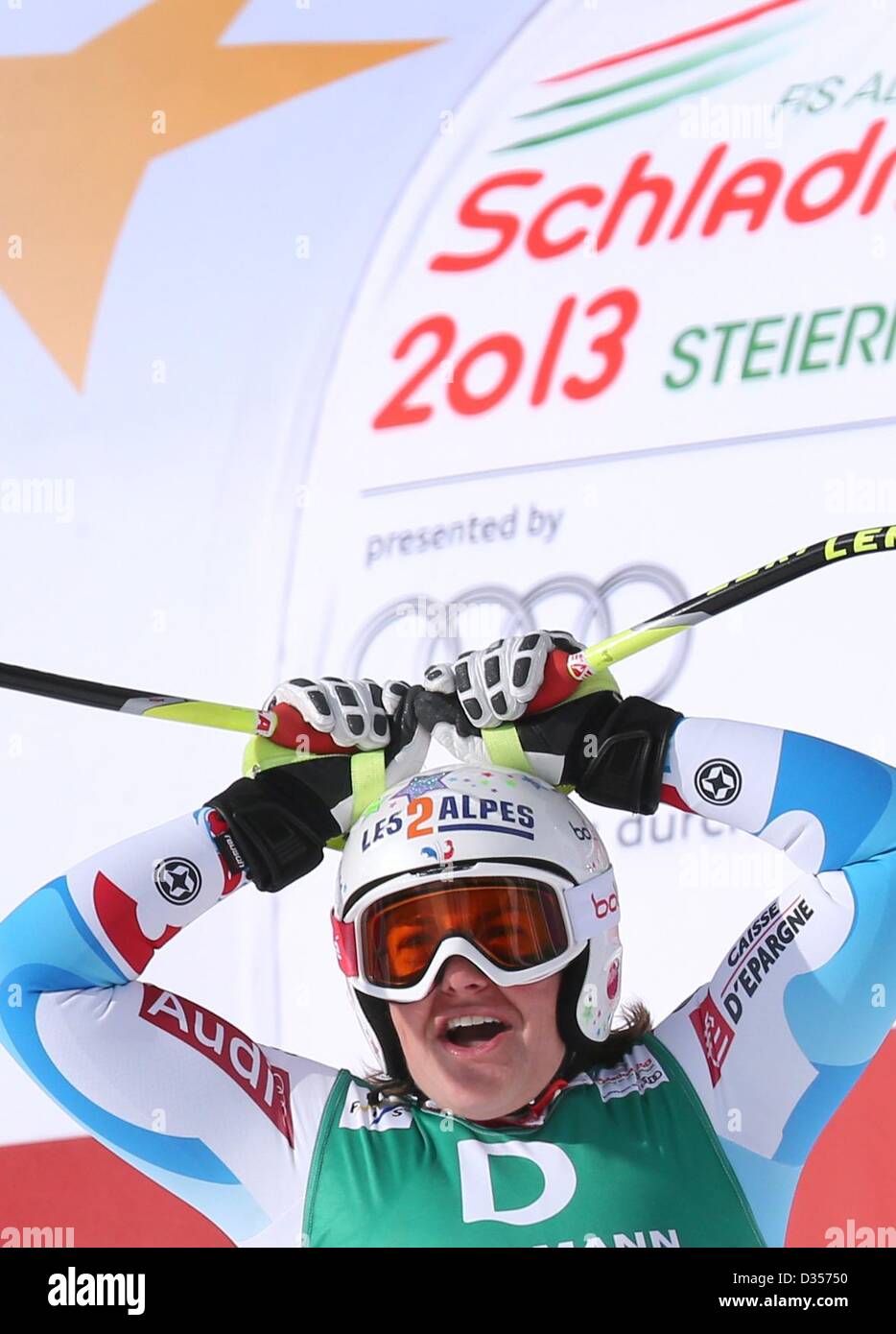 Marion Rolland of France celebrates during the women's downhill event ...