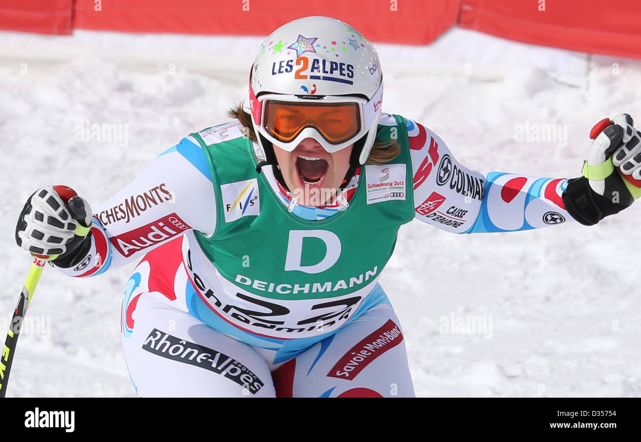 Marion Rolland of France celebrates during the women's downhill event ...