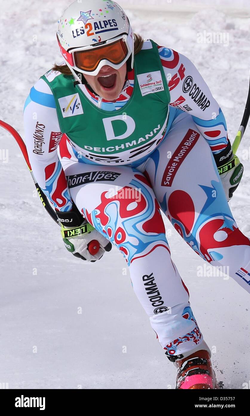Marion Rolland of France celebrates during the women's downhill event ...
