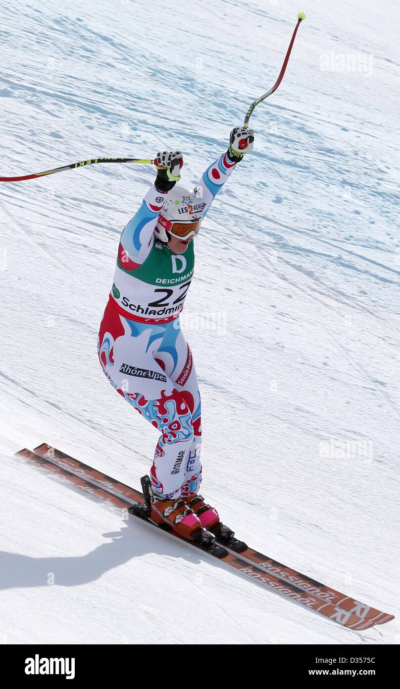 Marion Rolland of France reacts during the women's downhill event at ...