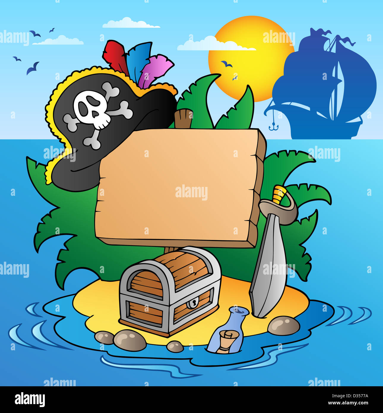 Board on pirate island with ship - color illustration Stock Photo - Alamy