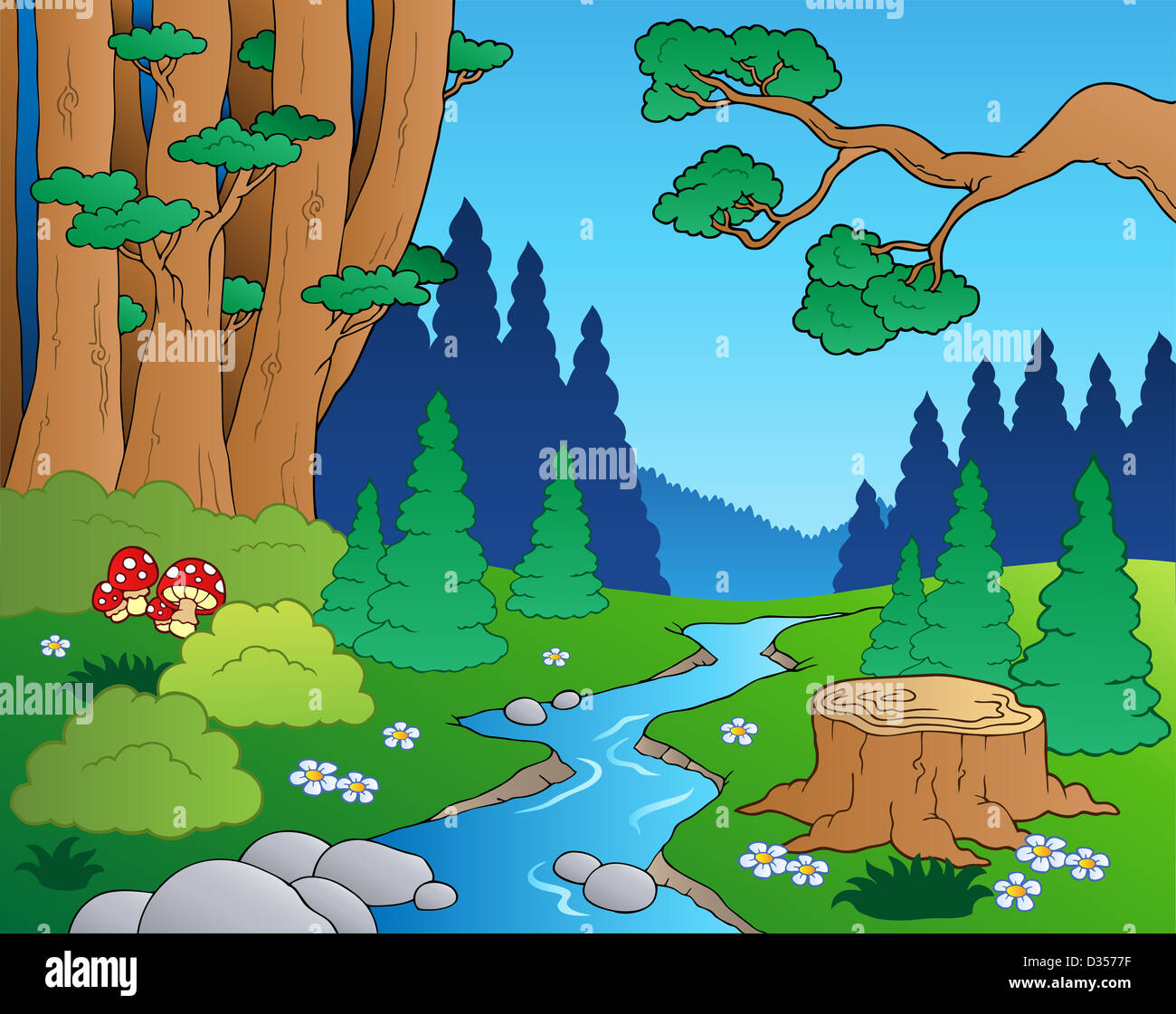 Cartoon forest landscape 1 - color illustration Stock Photo - Alamy