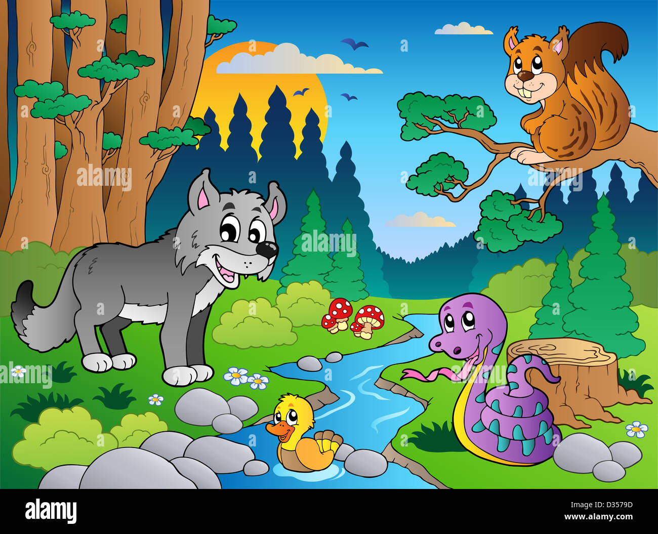 Forest scene with various animals 5 - color illustration Stock Photo ...