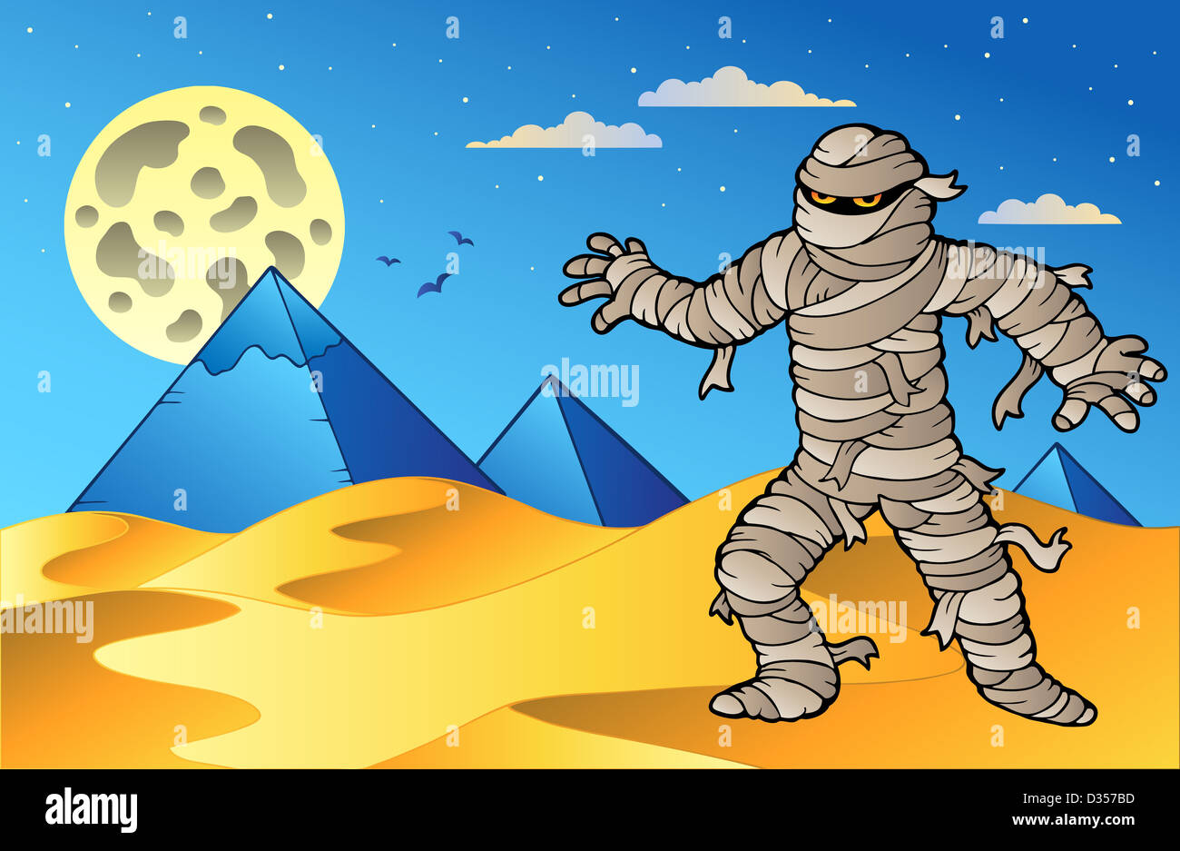 Night scene with mummy and pyramids - color illustration Stock Photo ...