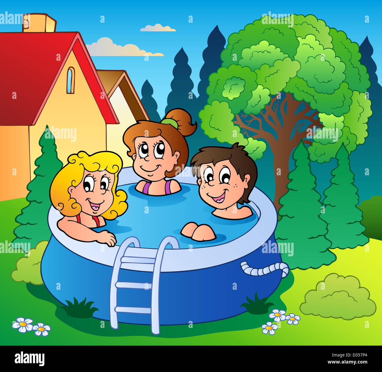 Garden with three kids in pool - color illustration Stock Photo - Alamy