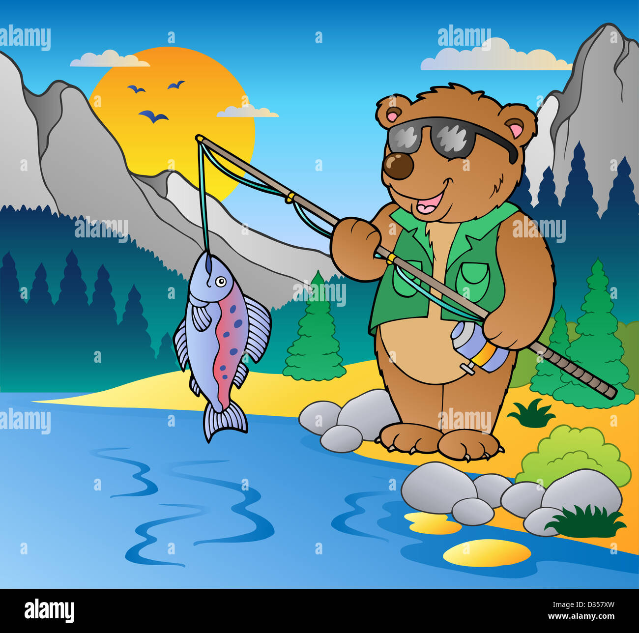 Lake with cartoon fisherman 2 - color illustration Stock Photo - Alamy