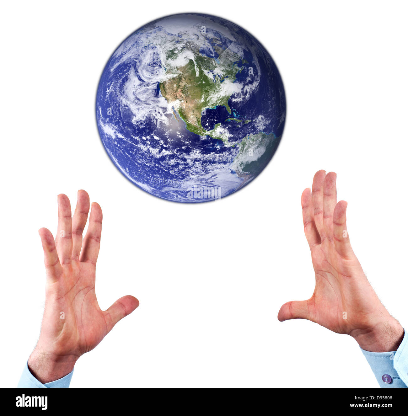 Man hands reaching for earth globe isolated on white background ...