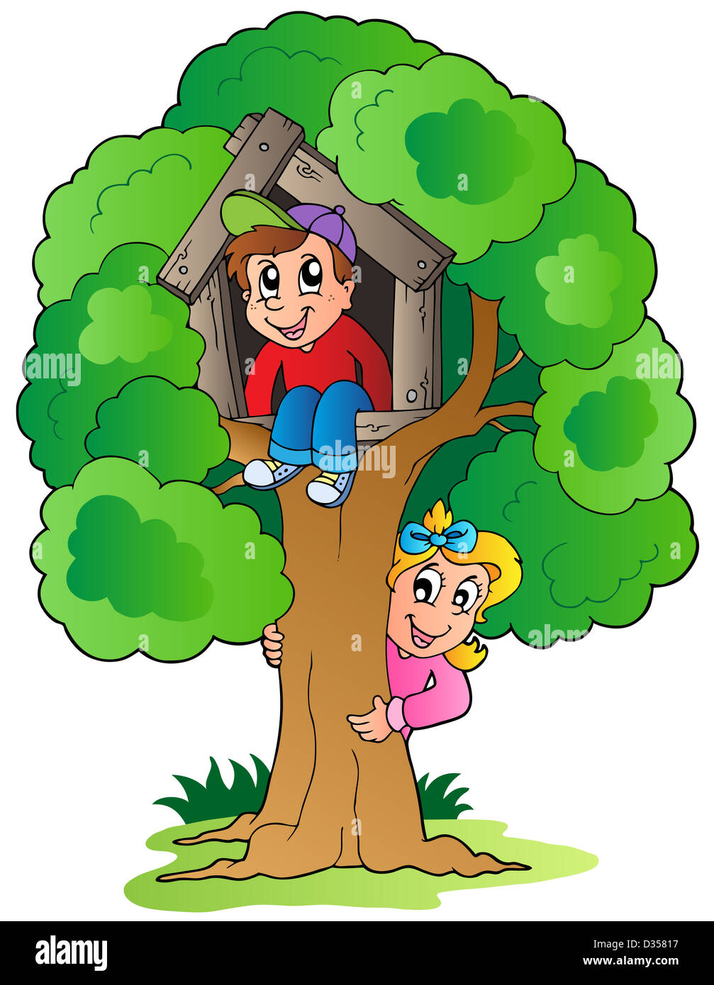 Tree with two cartoon kids - isolated illustration Stock Photo - Alamy
